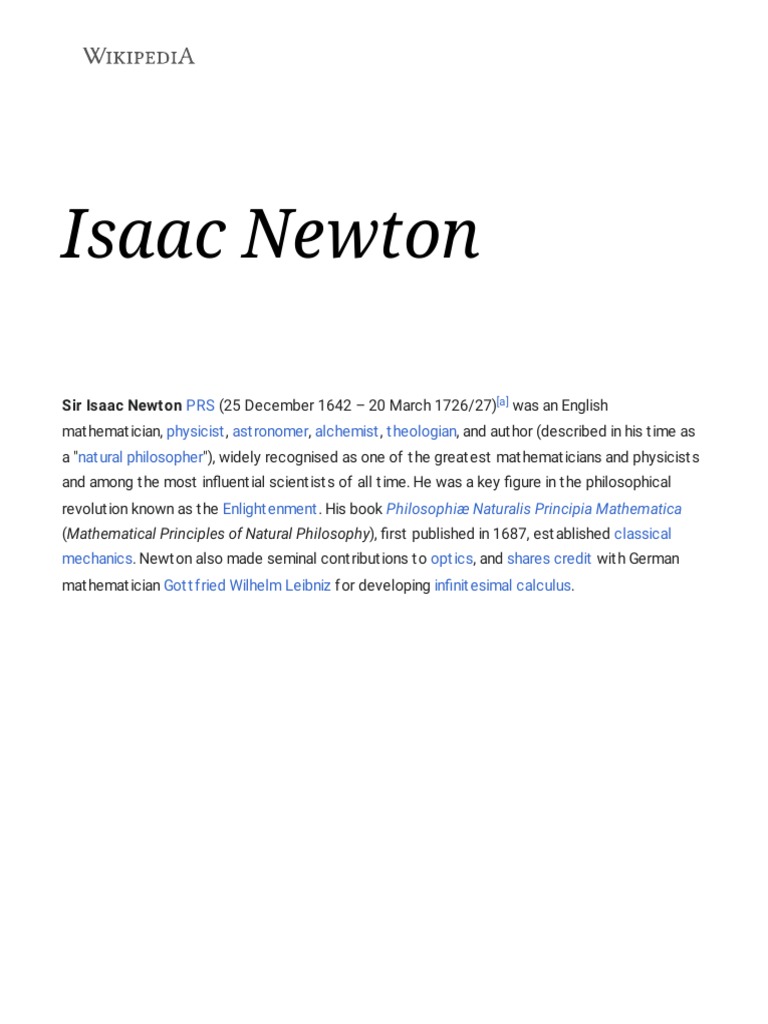 Isaac Newton - Wikipedia | Download Free PDF | Isaac Newton | Science
