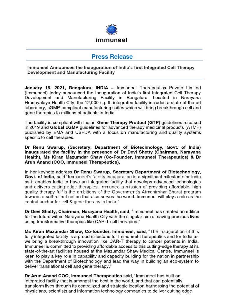 Immuneel Announces Inauguration of India's First Integrated Cell ...