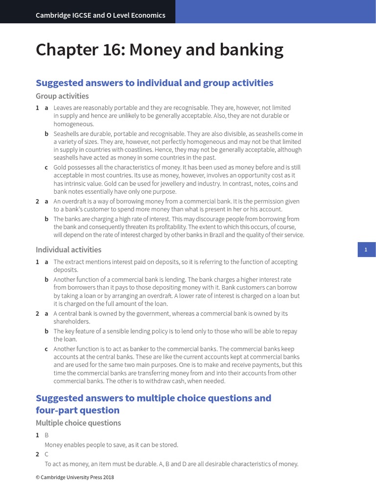 IGCSE Economics Self Assessment Chapter 16 Answers | PDF | Banks | Loans
