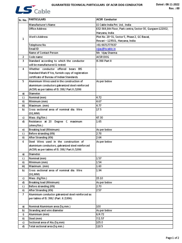 GUARANTEED TECHNICAL SPECS ACSR DOG CONDUCTOR | PDF | Physical Quantities | Building Engineering