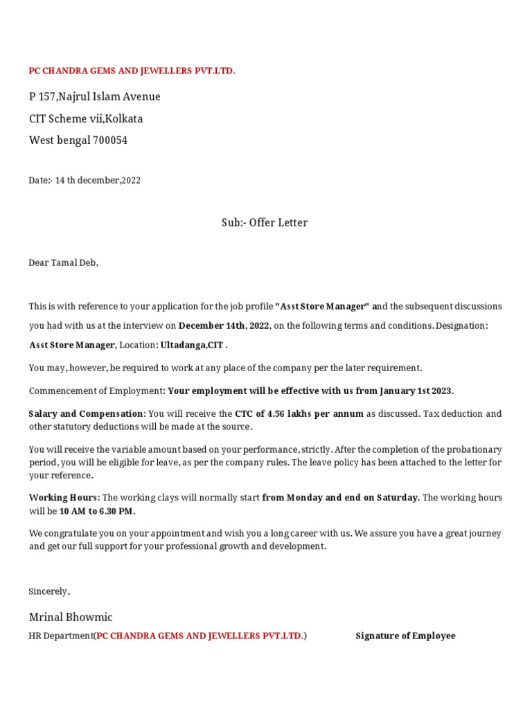 PC Chandra Jewellers Offer Letter | PDF