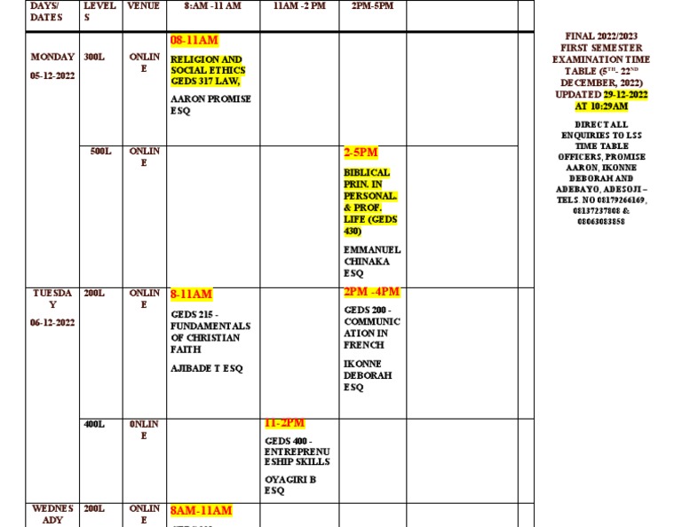 Final 1st Semester Examination Time Table 2022-2023 | PDF