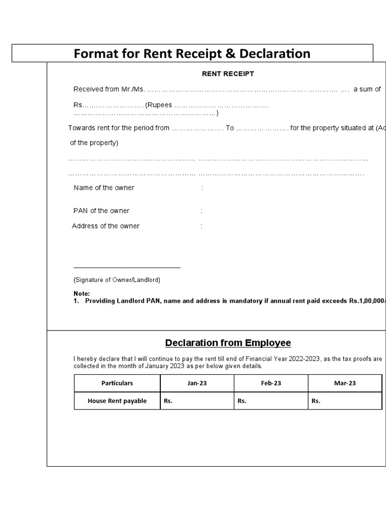 Rent Receipt & Declaration Format | PDF | Finance & Money Management