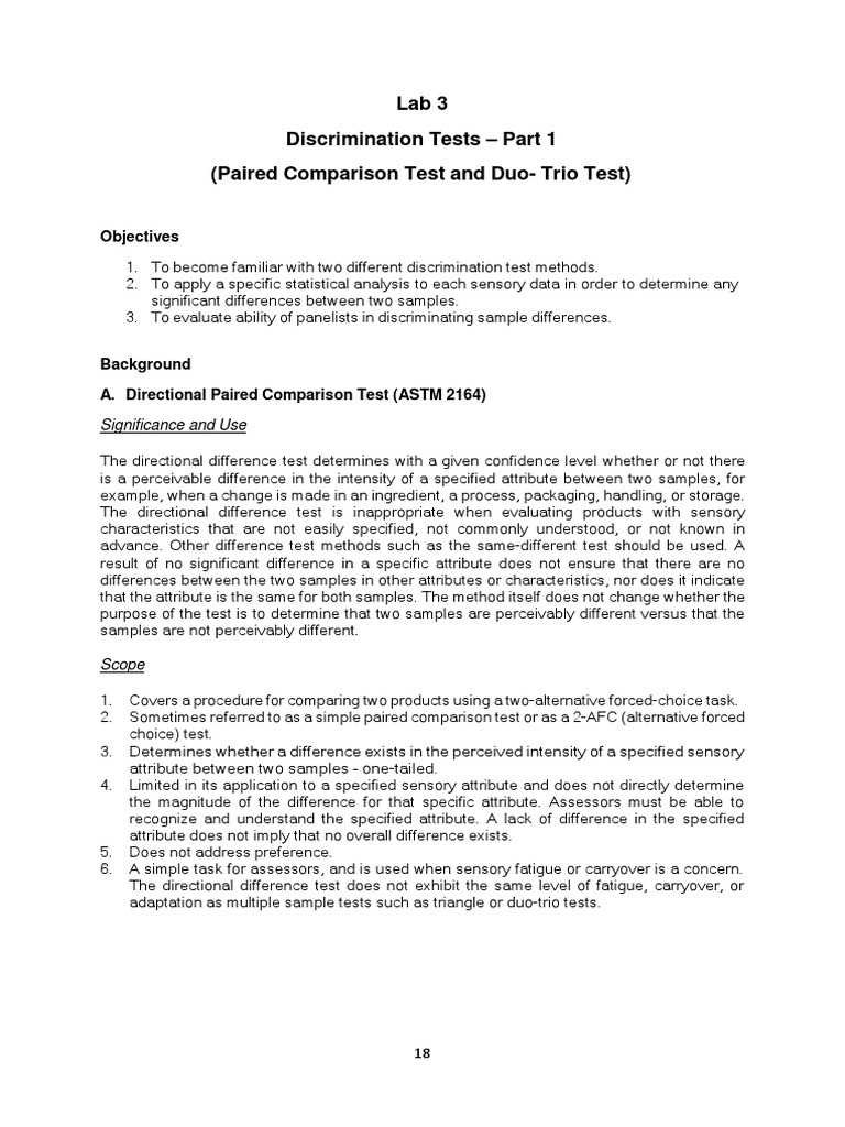 Comparing Sensory Discrimination Tests: Paired Comparison Test and Duo ...