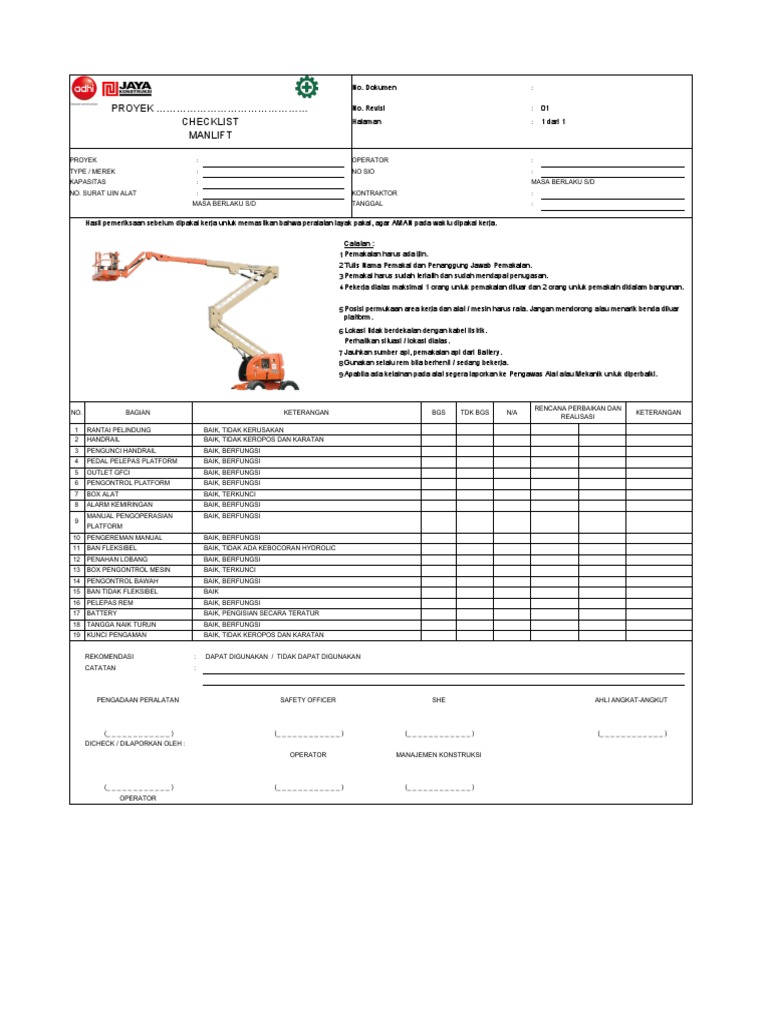 Checklist Keamanan Penggunaan Manlift | PDF
