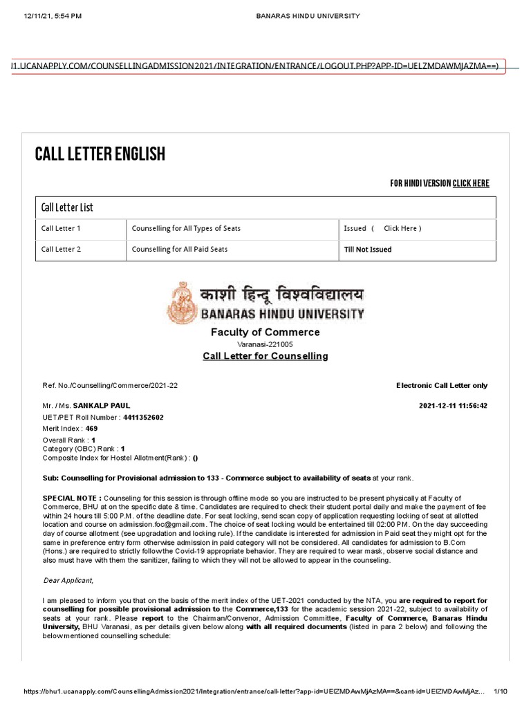 Banaras Hindu University Call Letter | PDF | University And College ...