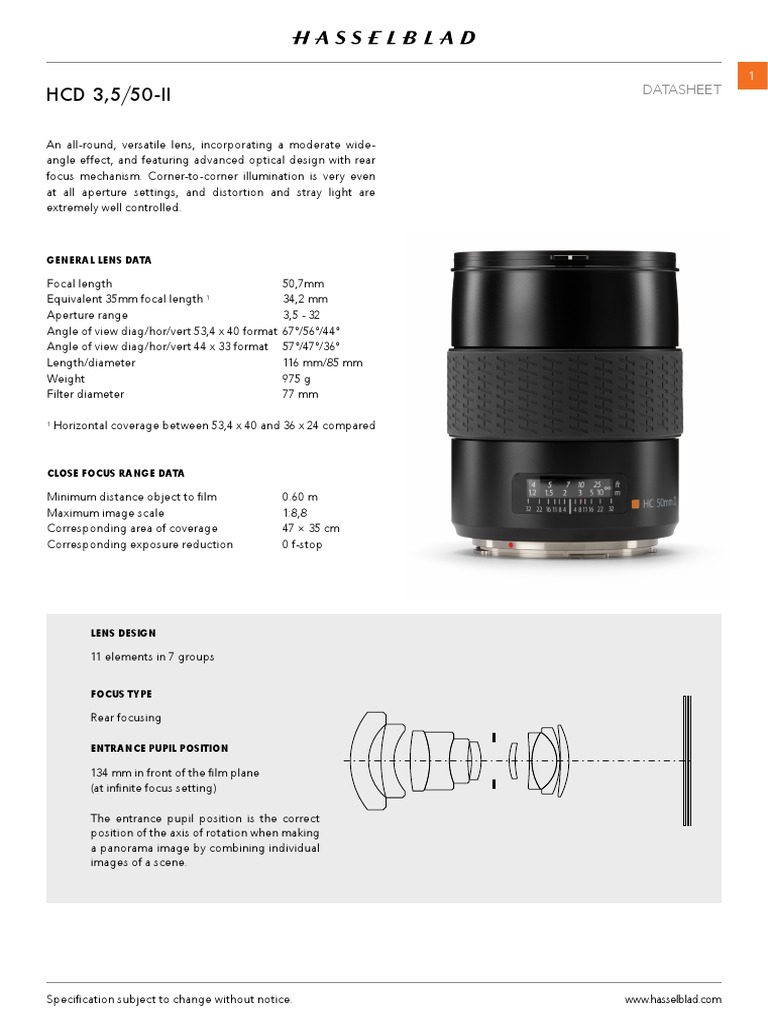 HCD 3,5/50-II: General Lens Data | PDF | Equipment | Electrodynamics