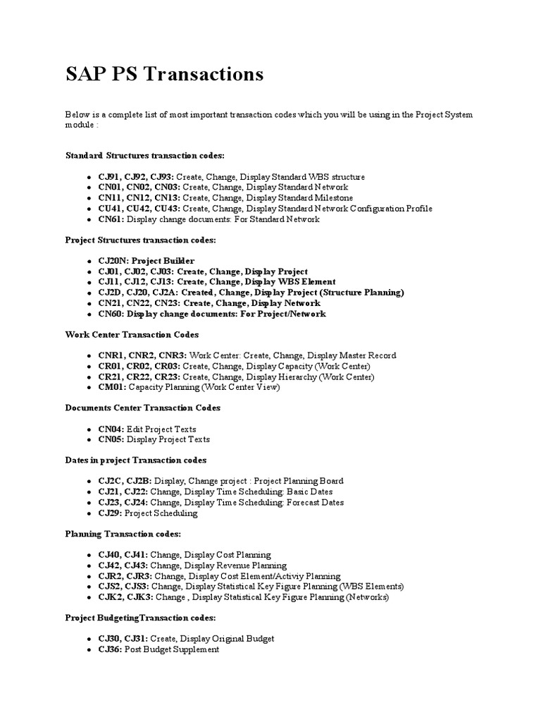 Important SAP PS Transactions | PDF | Budget | Business