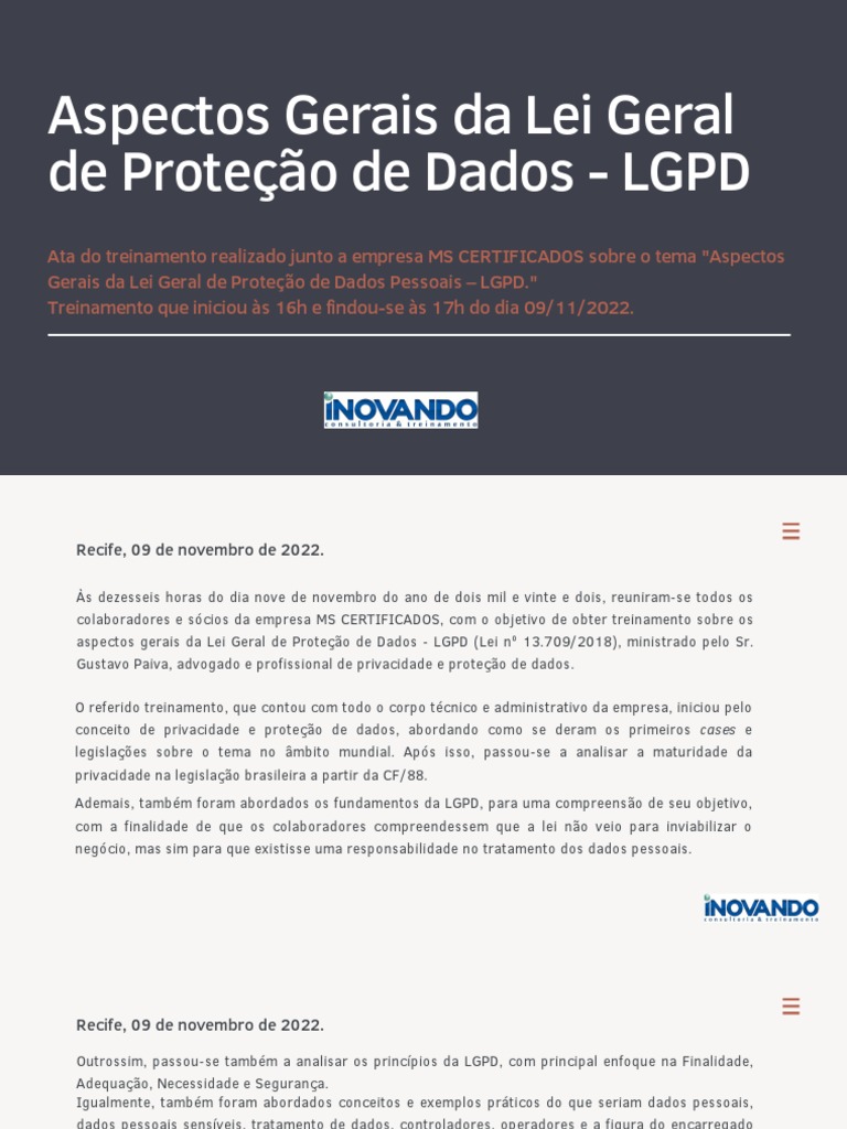 Ata de Treinamento - Aspectos Gerais Da LGPD - Ms Certificados | PDF ...