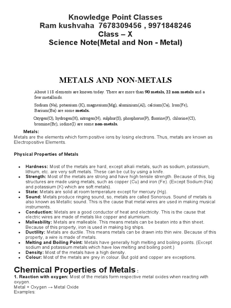 Metal and Non Metal Notes | PDF | Ion | Oxide