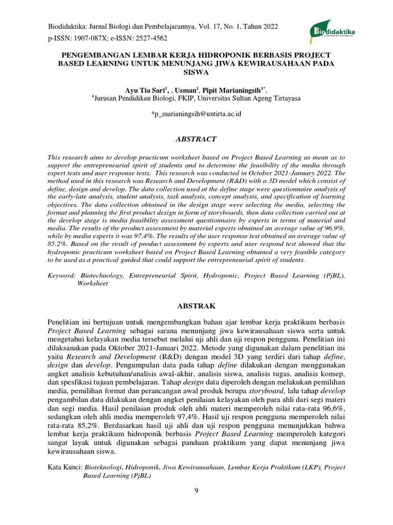 Pengembangan Lembar Kerja Hidroponik Berbasis Project Based Learning ...