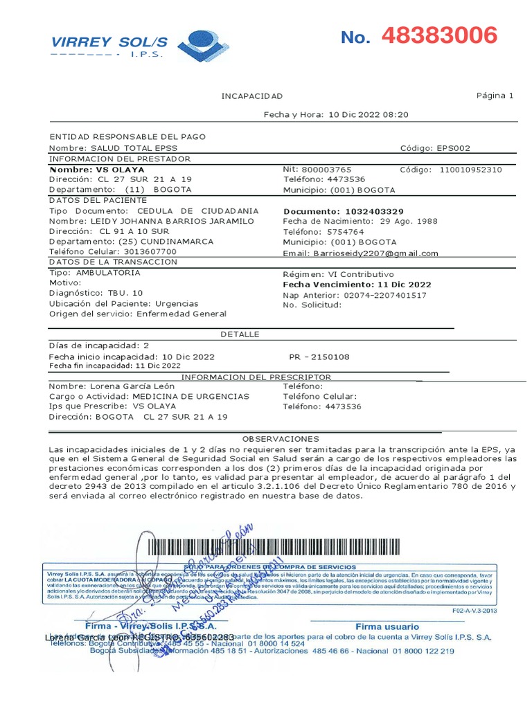 Incapacidad Leidy | PDF | Ciencias de la Salud