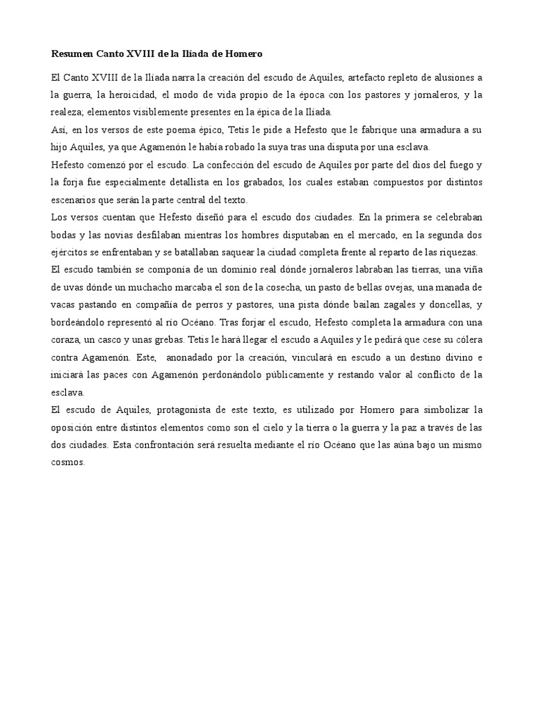 Resumen Canto XVIII de La Ilíada de Homero | PDF