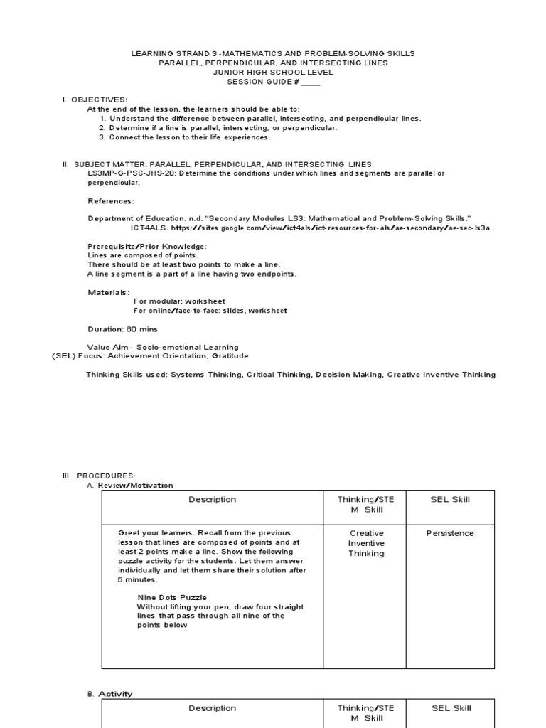 Sample Session Guide - Parallel Perpendicular Lines-1 | PDF | Learning ...