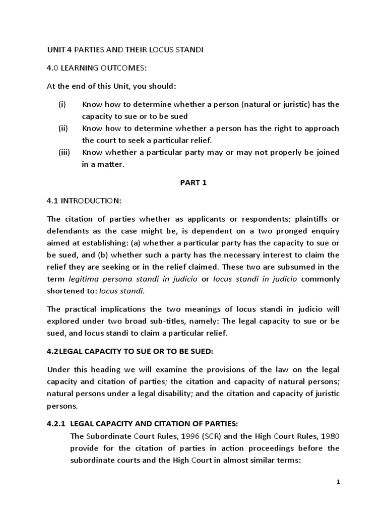 l4301 Unit 4 Parties and Their Locus Standi | PDF | Standing (Law) | Lawsuit