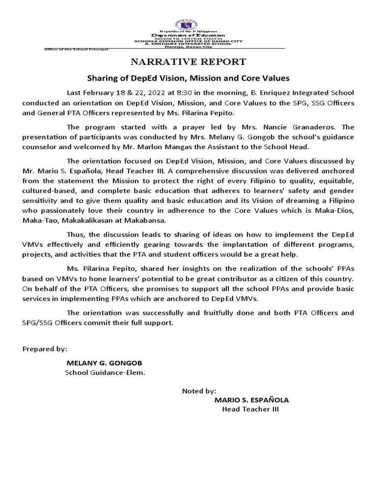 NARRATIVE REPORT ON VMVs | PDF | Behavior Modification