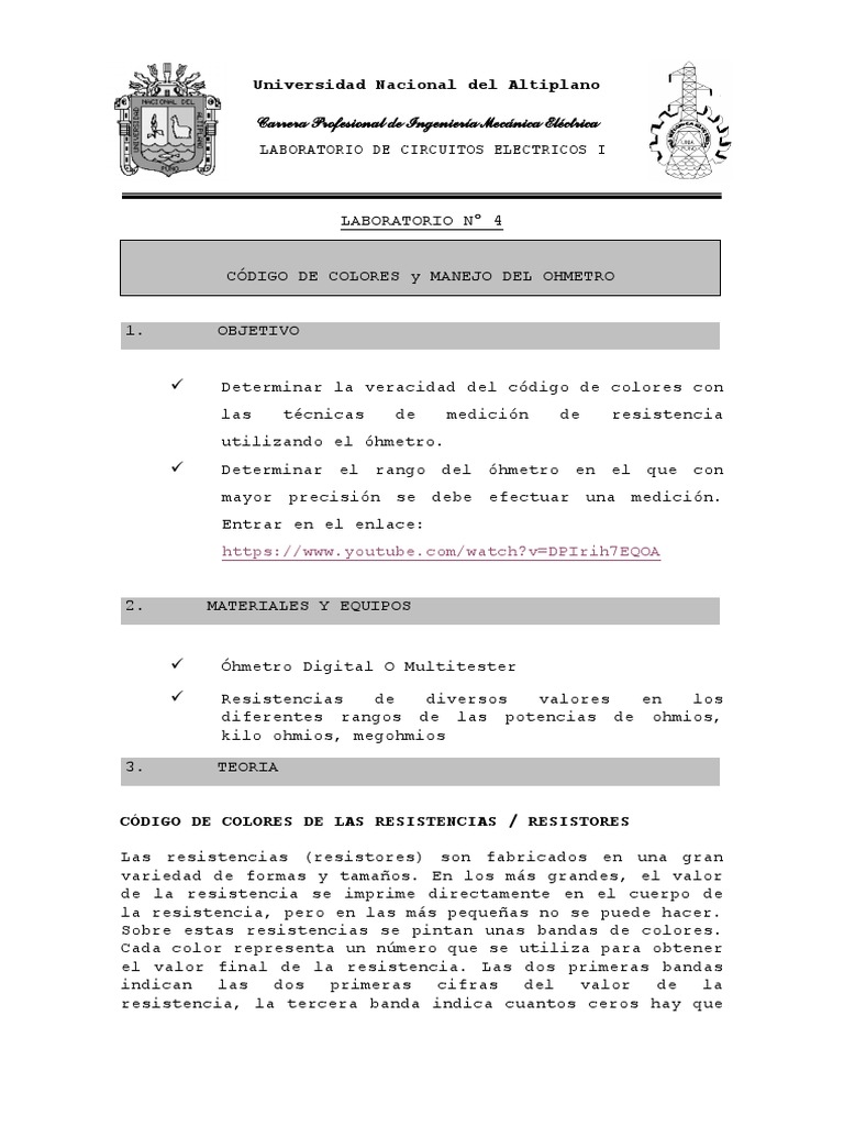 Código de Colores y Uso del Óhmetro | PDF | Resistor | Metrología