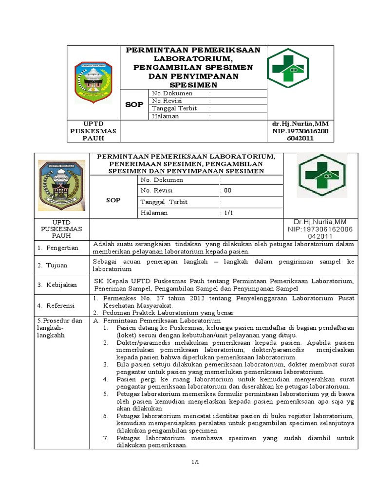 Prosedur Permintaan Pemeriksaan, Penerimaan Spesimen, Pengambilan Dan Penyimpanan Spesimen | PDF