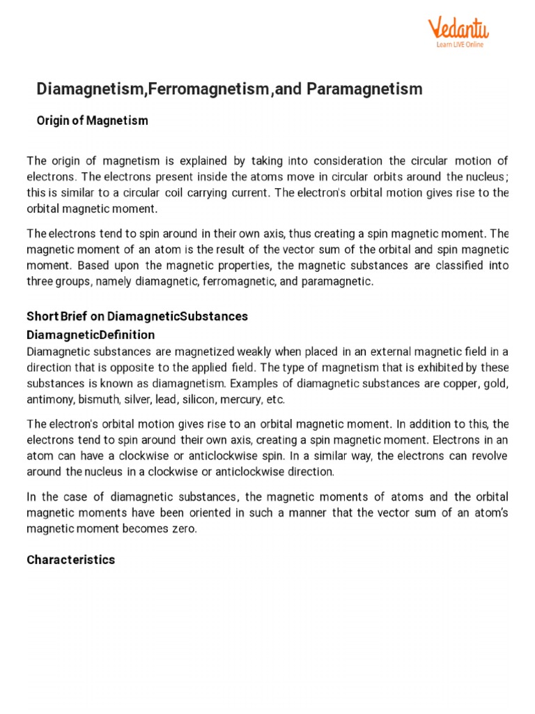 Diamagnetism, Ferromagnetism, and Paramagnetism | PDF