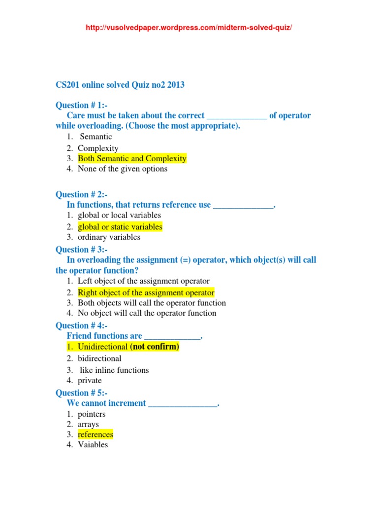 Cs201 Solved Quiz No 1 Download Free Pdf Pointer Computer Programming Variable Computer 0059
