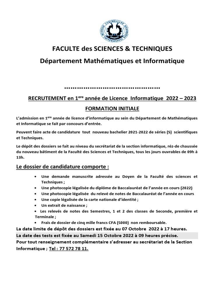 Flyers L1 Informatique UCAD FST 2022 2023 | PDF | France