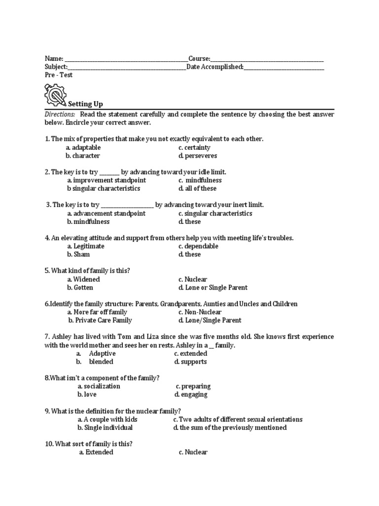 Pre-Test 1 - Unit 1 | PDF | Family | Human Life Stages
