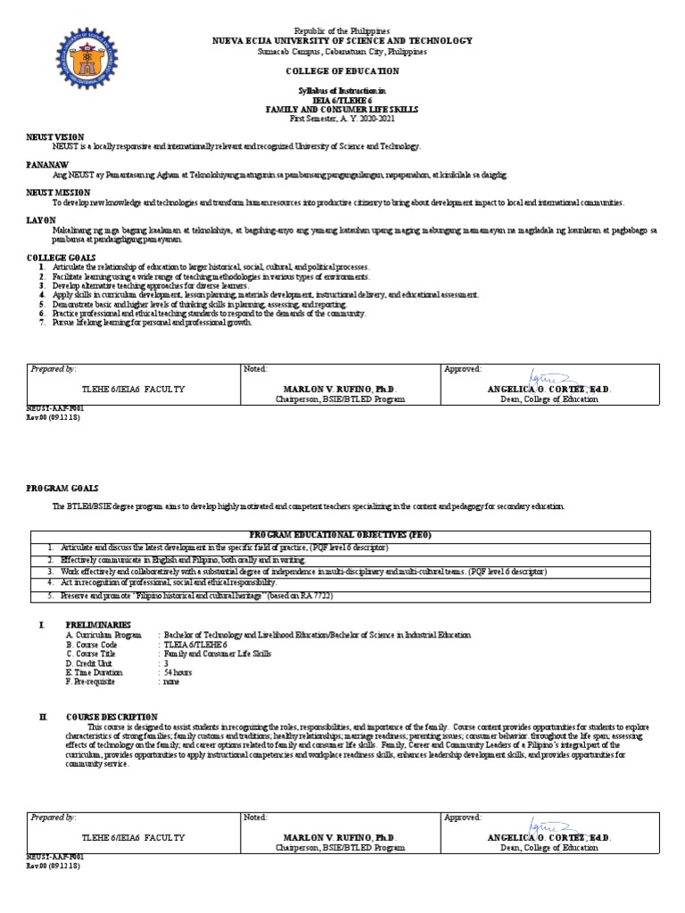 Syllabus in TLEHE6 Family and Consumer Life Skills 1 | PDF | Curriculum ...