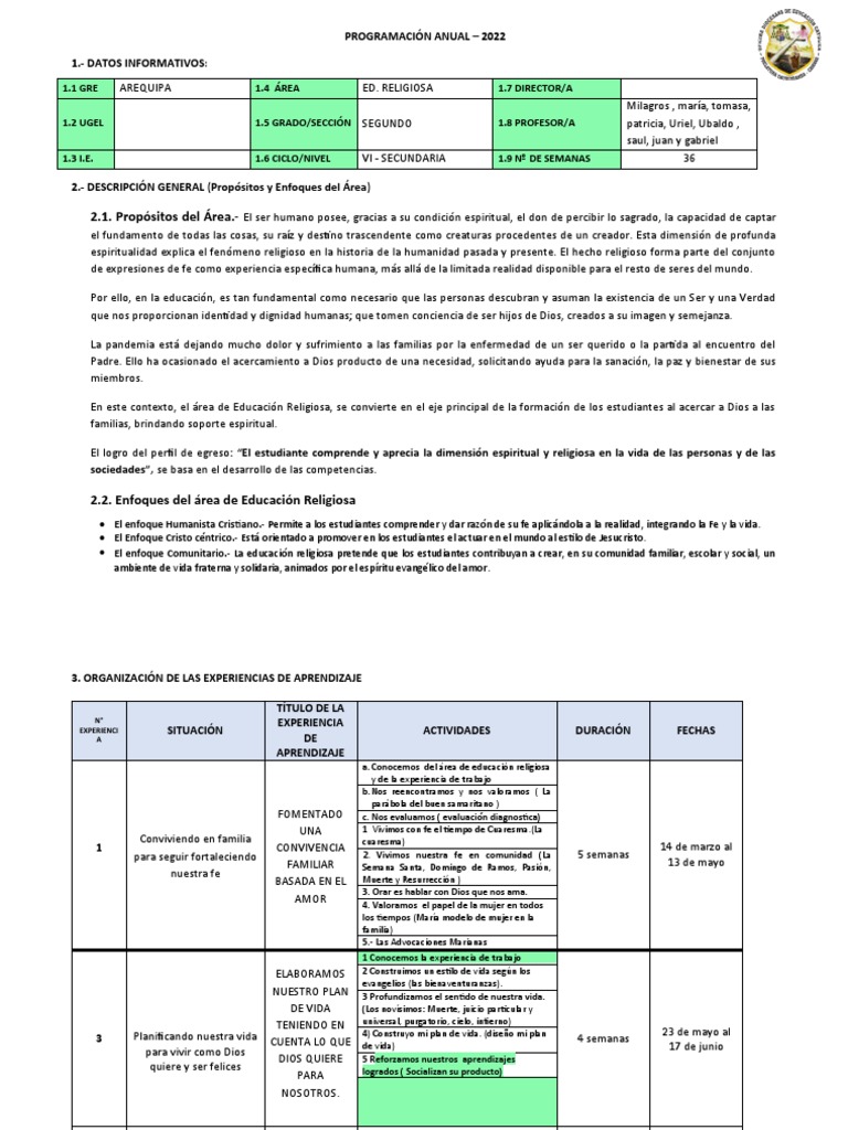 2do Programación Anual Segundo Grado | PDF | Jesús | Salvación