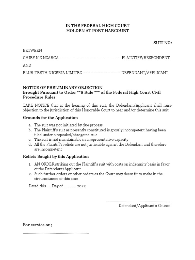 Precedent Notice of Preliminary Objection Sample 1 | PDF | Law