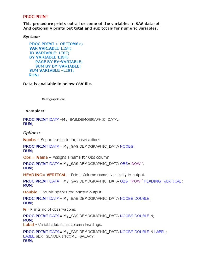 Proc Print | PDF | Comma Separated Values | Microsoft Excel