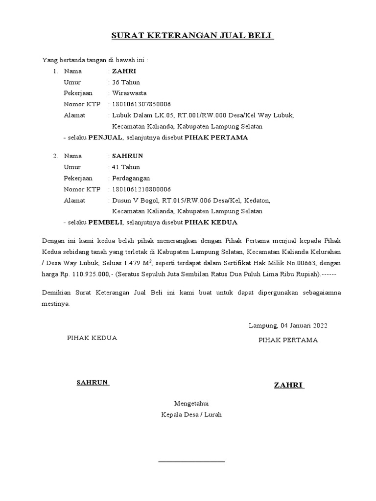 Surat Keterangan Jual Beli Tanah | PDF