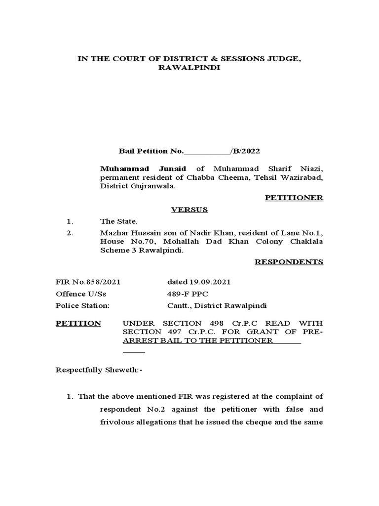 Muhammad Junaid Pre-Arrest Lower Court FIR No.858 - RWP | PDF | Affidavit | Bail