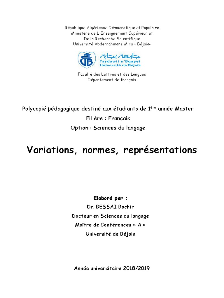 Cours - BESSAI Bachir - Variations, Normes, Représentations | PDF | Sociolinguistique | Langue ...