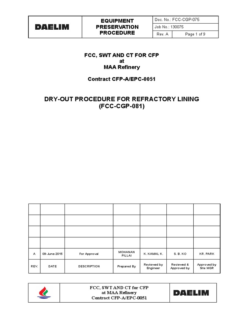 Dry Out Procedure For Refractory Lining at Site | PDF | Thermocouple ...