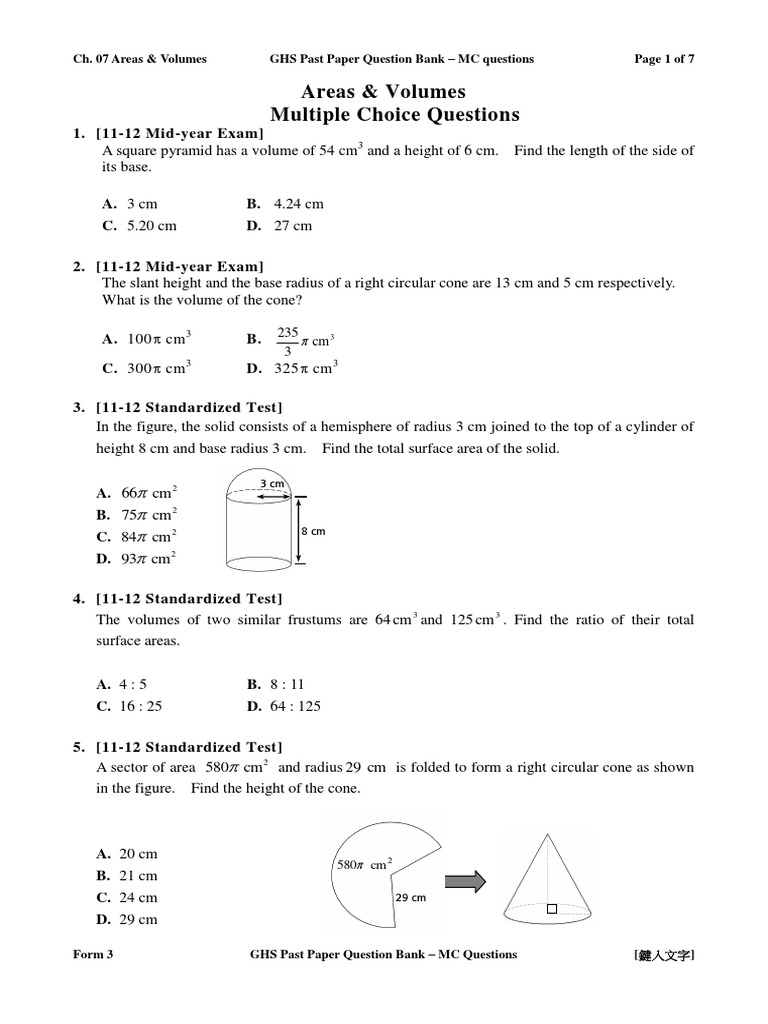 GHS Areas & Volumes MC Questions | PDF | Volume | Sphere