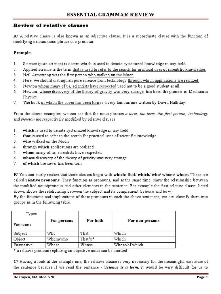 Essential Grammar: Relative Clauses Review | PDF | Clause | Pronoun