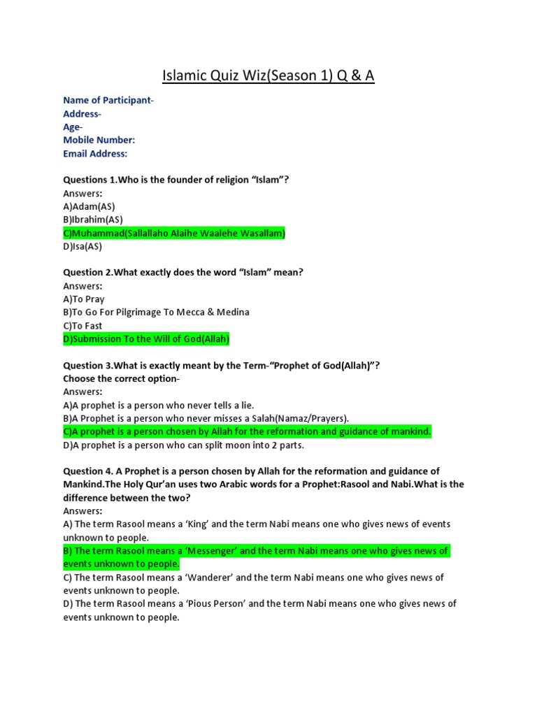 Islamic Questions (Quizz) | PDF | Prophets And Messengers In Islam ...