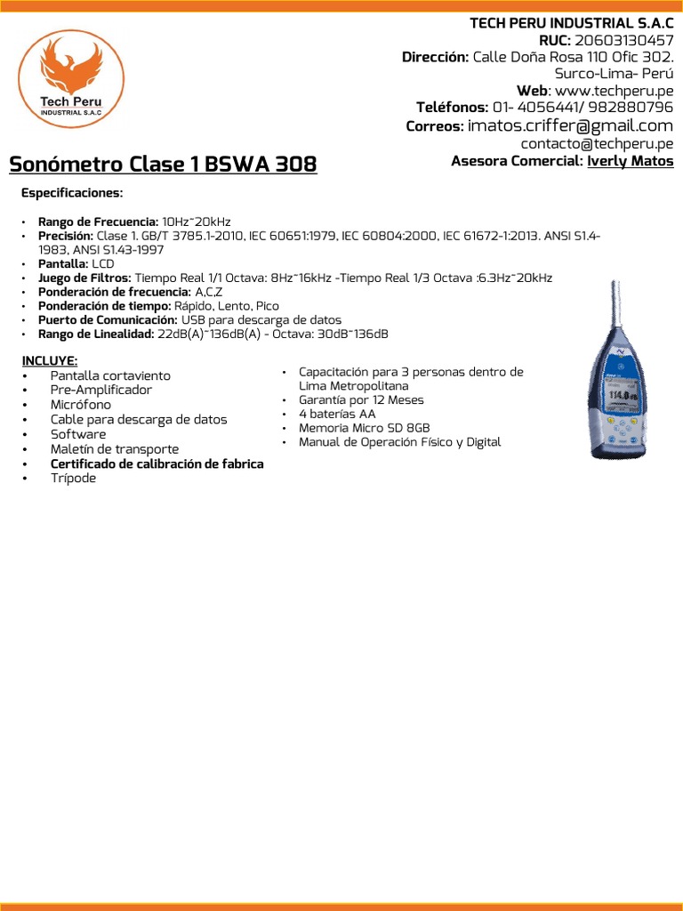 Sonómetro Clase 1 BSWA 308 en Perú | PDF
