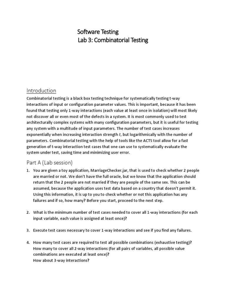 Software Testing Lab 3 Combinatorial Testing Pdf Comma Separated Values Parameter