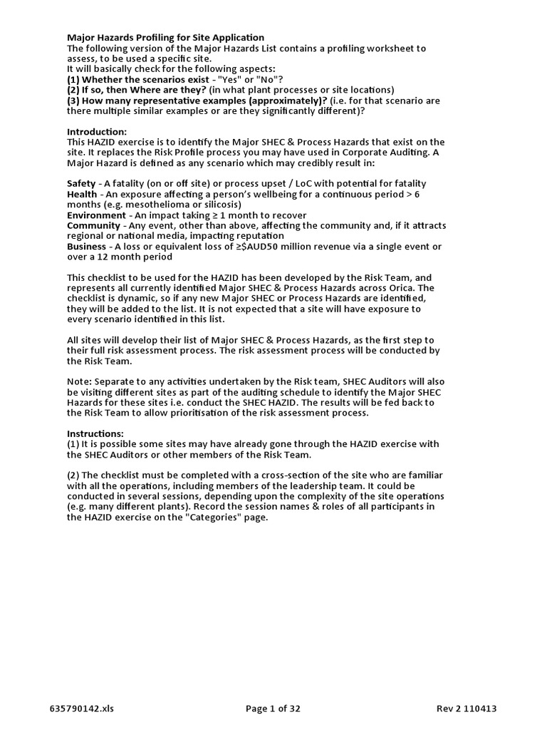 Major Hazards Profiling for Site Application | PDF | Risk | Hazards