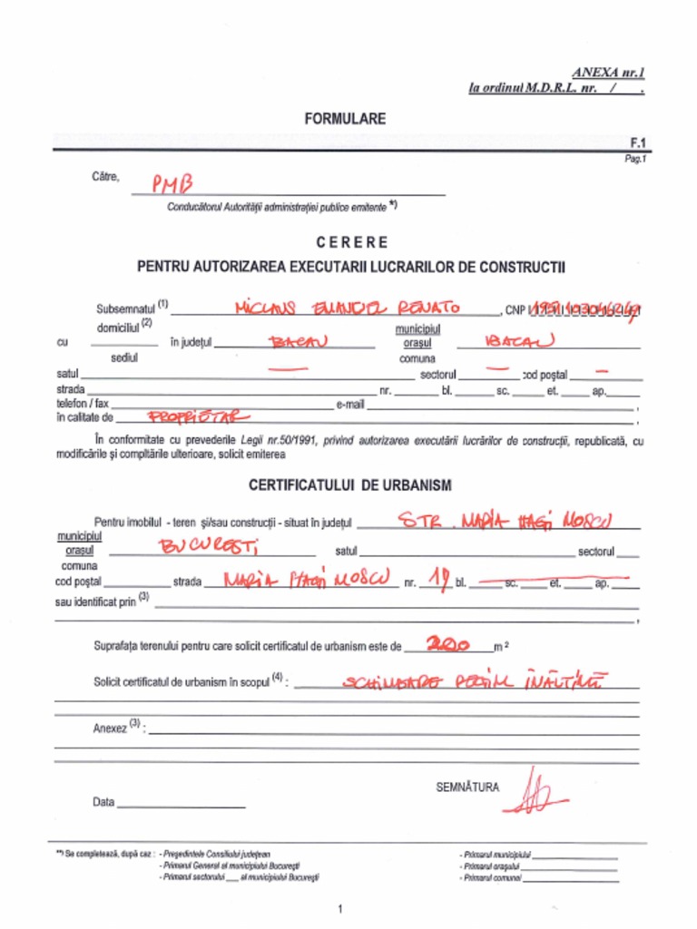 Cerere Autorizare Extecutarii Lucrarilor de Constructii | PDF