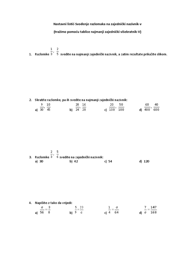 Nastavni Listić-Zajednički Nazivnik, 6.r, 21.1. | PDF