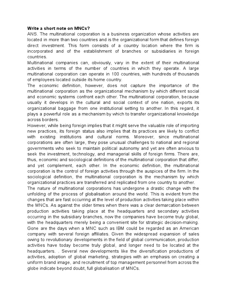 Write A Short Note On MNCS PDF Multinational Corporation Economies