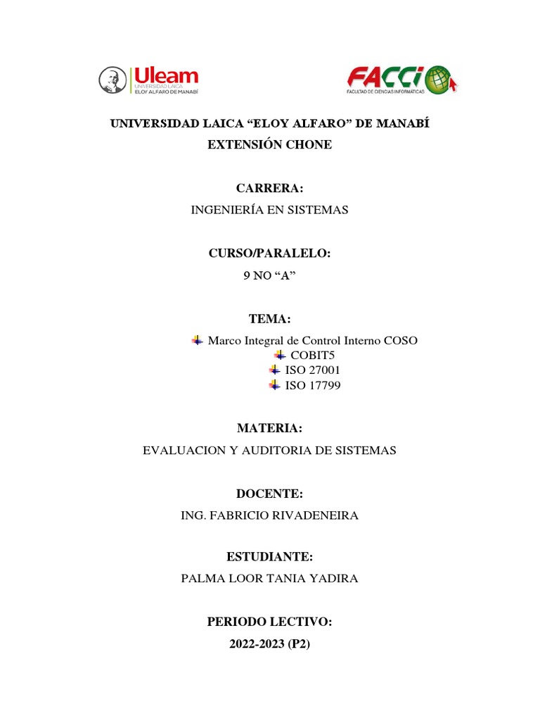 Marco Integral de Control Interno COSO COBIT5 ISO 27001 ISO 17799 | PDF ...