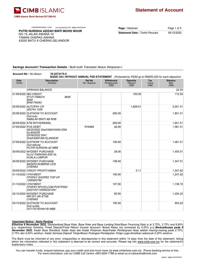 Statement of Account: No 15 Jalan Awana 12 Taman Cheras Awana 43200 ...