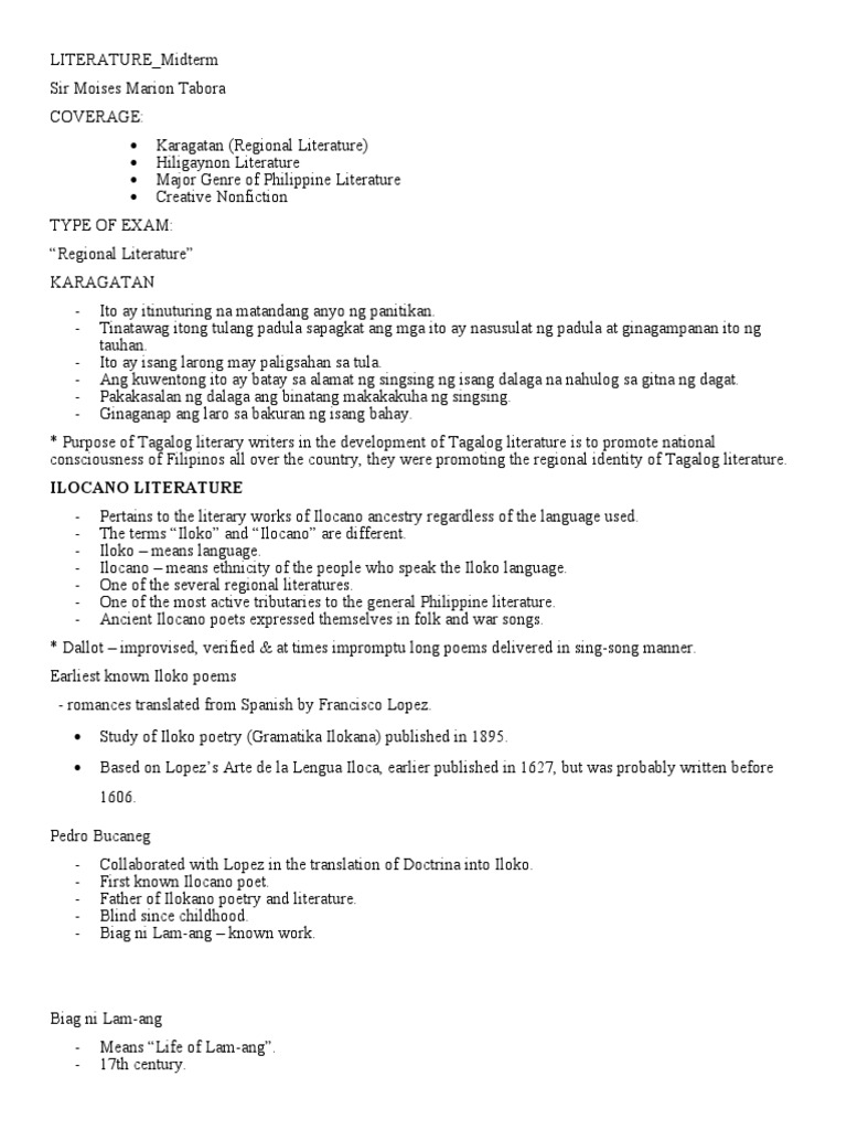 Philippine Regional Literature Overview | PDF | Poetry | Tagalog Language