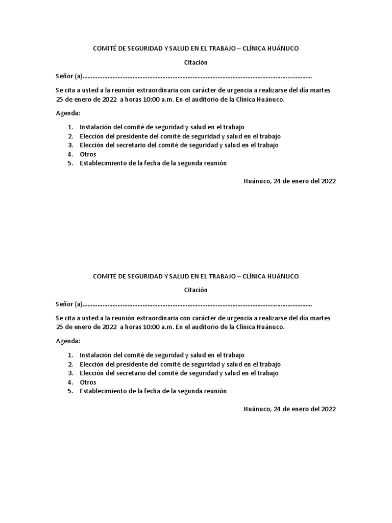 Citacion Comité de Seguridad y Salud en El Trabajo | PDF Citacion Comité de Seguridad y Salud en El Trabajo | PDF