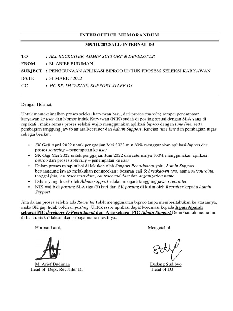 Internal Memo Penggunaan Aplikasi Bipro-Recruiter | PDF