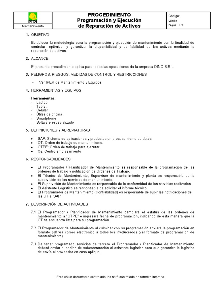Procedimiento de Programación de Reparación de Activos | Descargar gratis PDF | Programación de ...