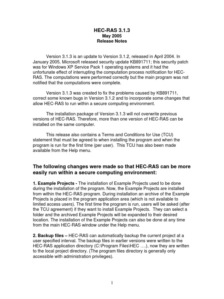 HEC-RAS Release Notes: Version 3.1.3 Fixes Bugs and Allows Operation ...